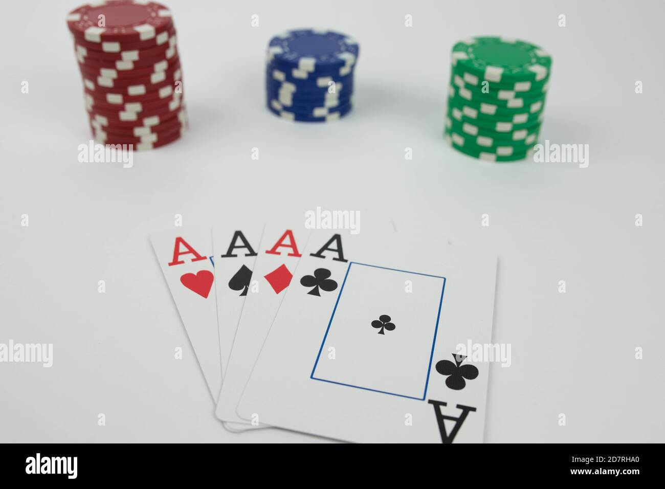 Playing ace cards and red blue green isolated poker chip stacks Stock ...