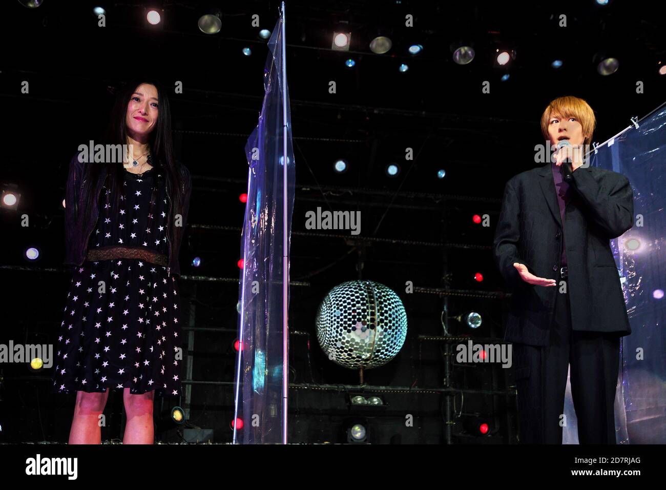 Actor Atsuhiro Inukai(R) and exotic dancer Yoko Yazawa attend a stage greeting for "Dancing in ...