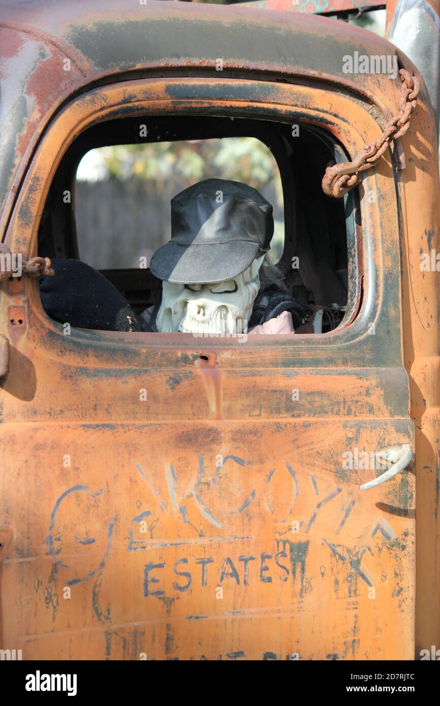 Halloween decoration of a creepy mechanic skeleton driving a rusted old ...