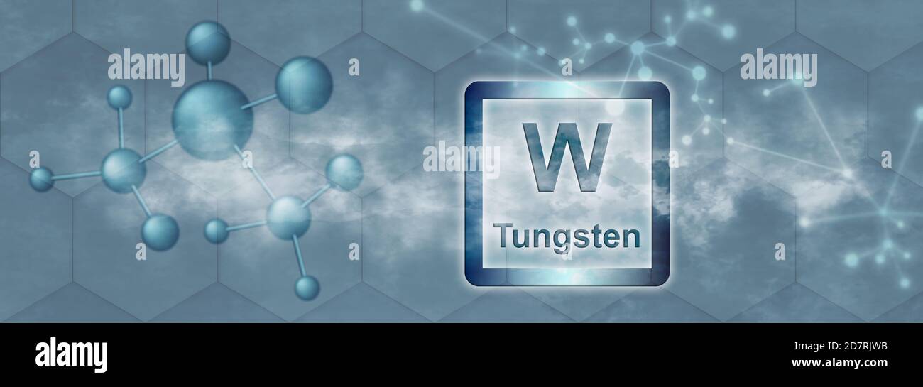 W symbol. Tungsten chemical element with molecule and network on grey ...