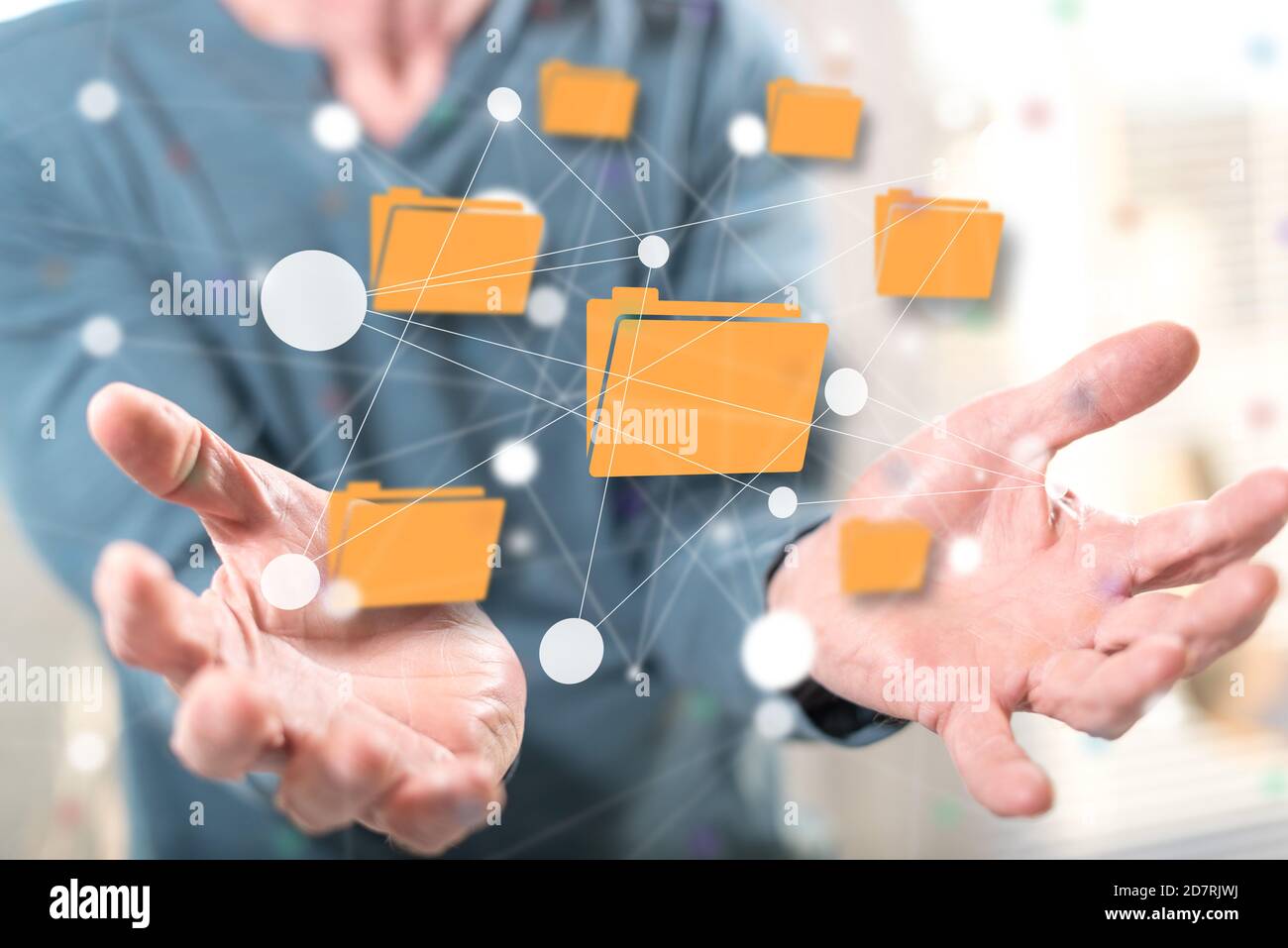 Data exchange concept above the hands of a man in background Stock ...