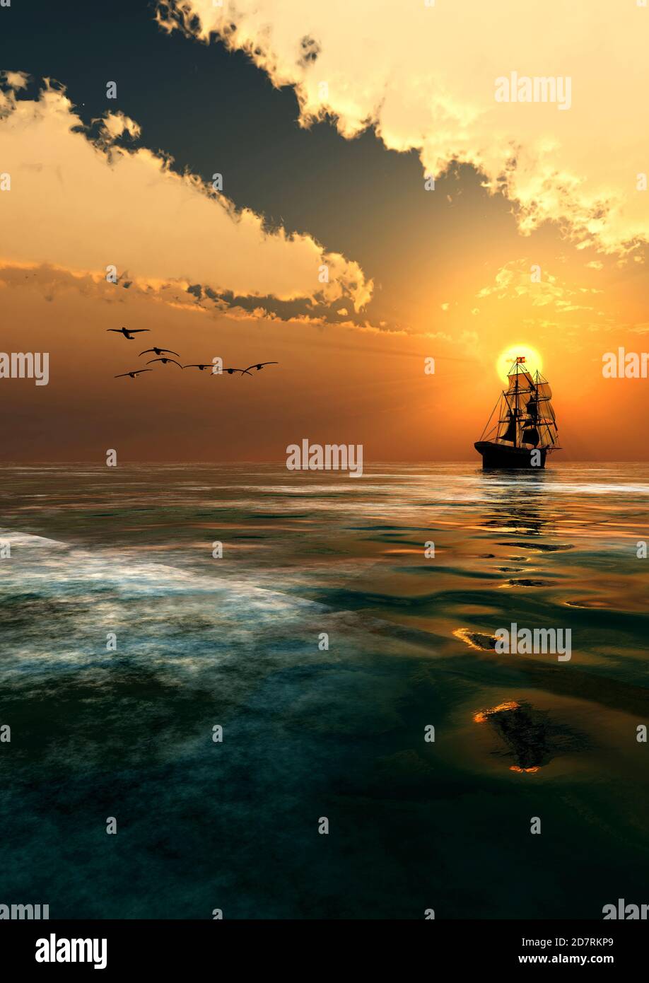 Spanish Brig Out At Sea Stock Photo - Alamy