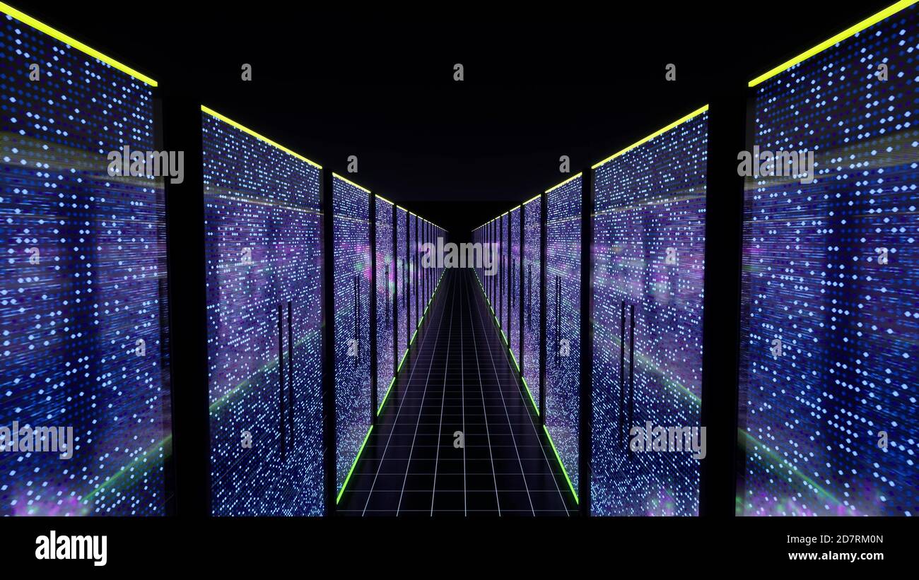 Modern data center servers room with neon lights AI iot learning 3d ...