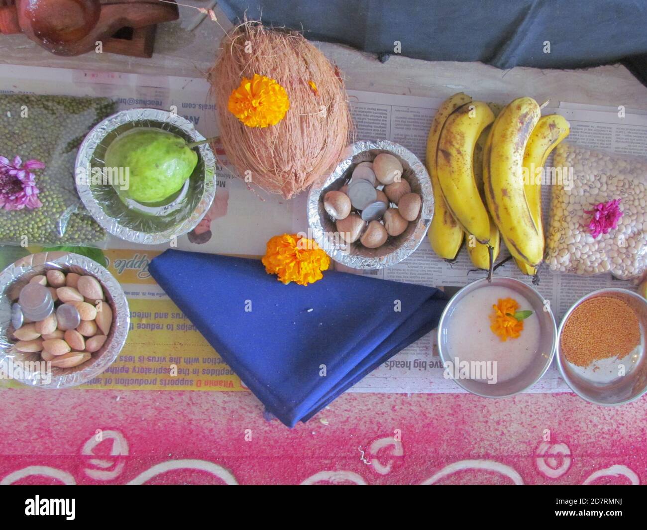 Fruits and other ingredients kept as offerings to Gods before prayer as ...