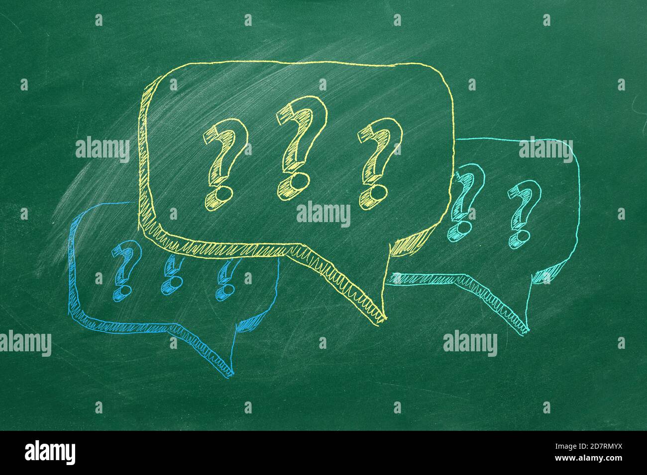 Hand drawing question marks on green chalkboard Stock Photo - Alamy