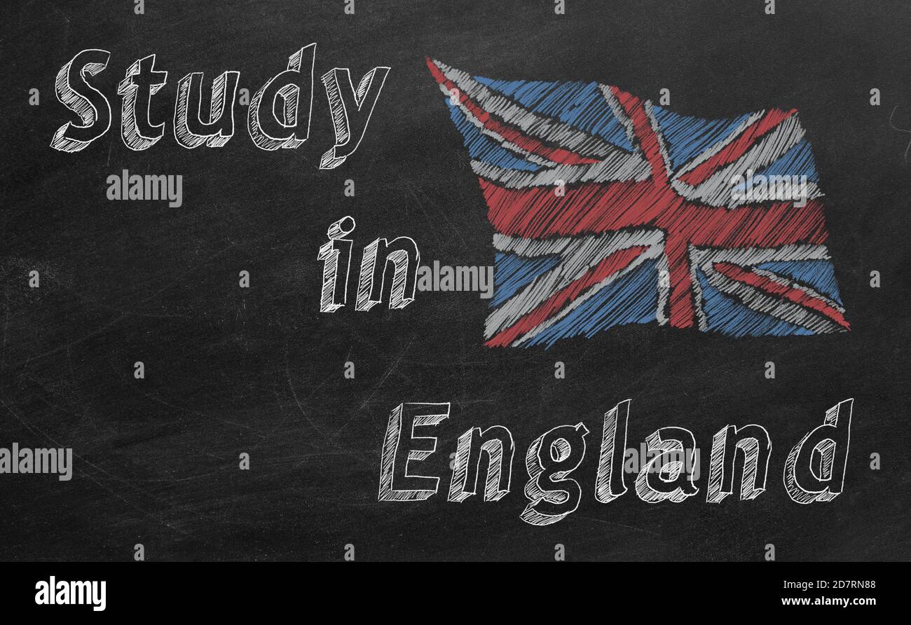 Hand drawing british flag with text "Study in England" on blackboard ...