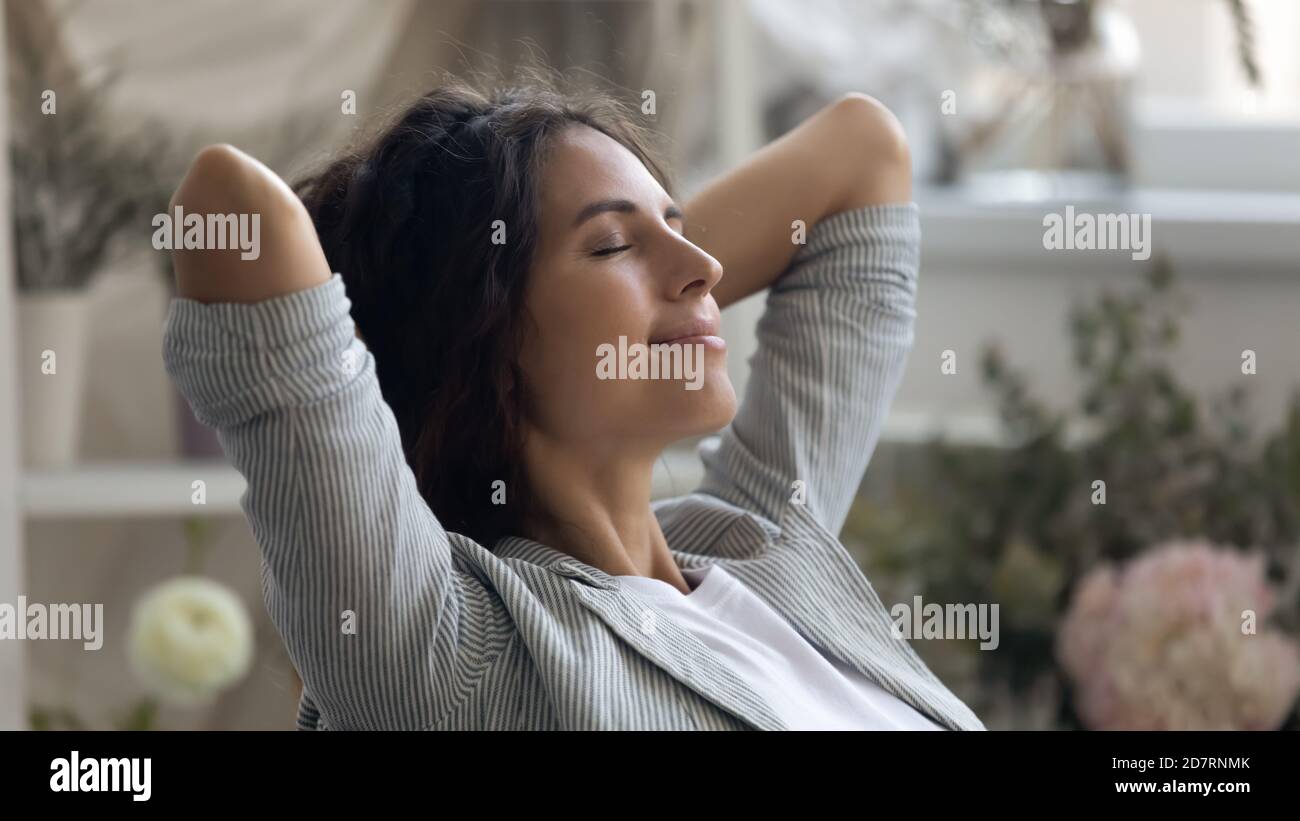 Young Caucasian woman relax relieving negative emotions Stock Photo - Alamy
