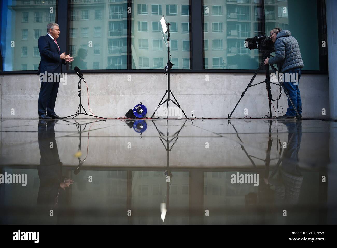 Northern Ireland Secretary Brandon Lewis speaking to the media as he ...