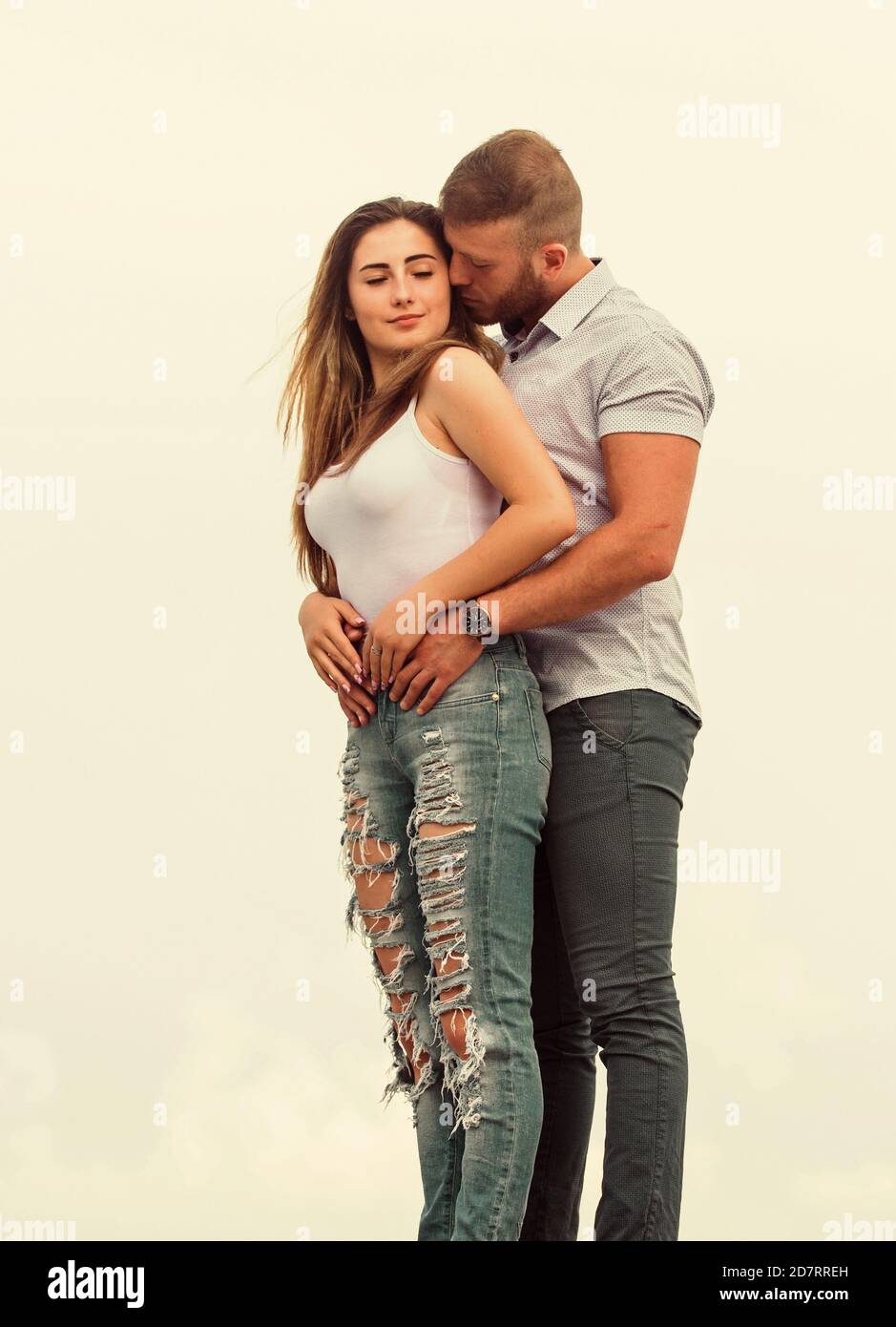 True love. Cute relationship. Man and woman cuddle nature background ...