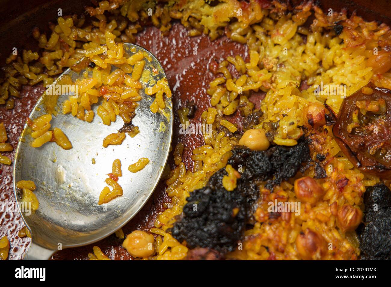 Close up of delicious oven baked rice, top view. Valencia, Spain Stock ...