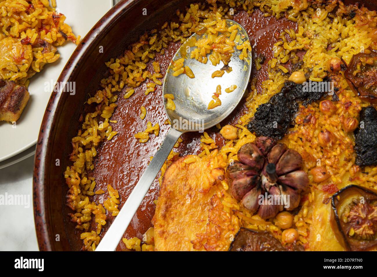 Close-up of delicious oven-baked rice, top view. Valencia, Spain Stock ...