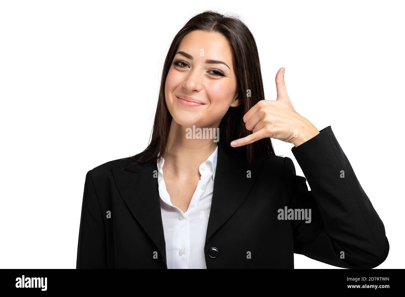 Business woman making a call me sign and smiling, isolated on white ...
