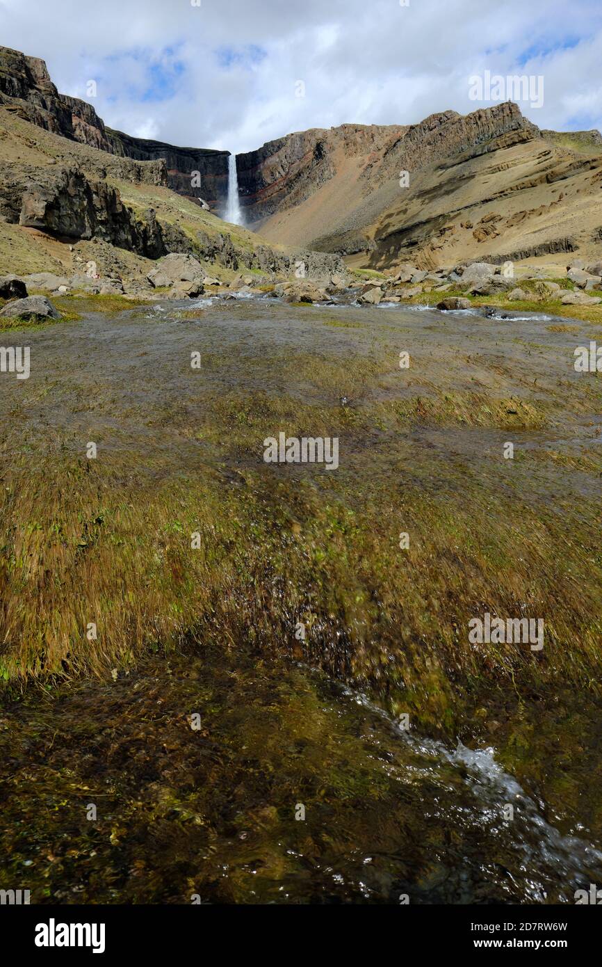Hengifoss waterfall and Hengifossa river in the highland landscape of ...