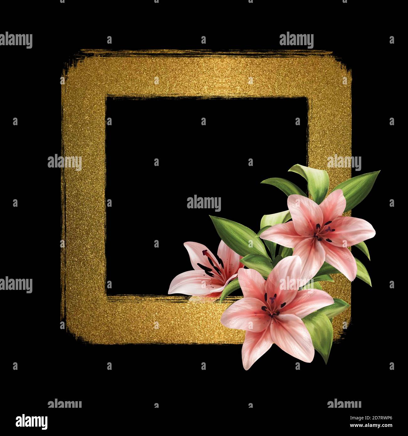 Floral card with frame and pink lilies Stock Photo - Alamy