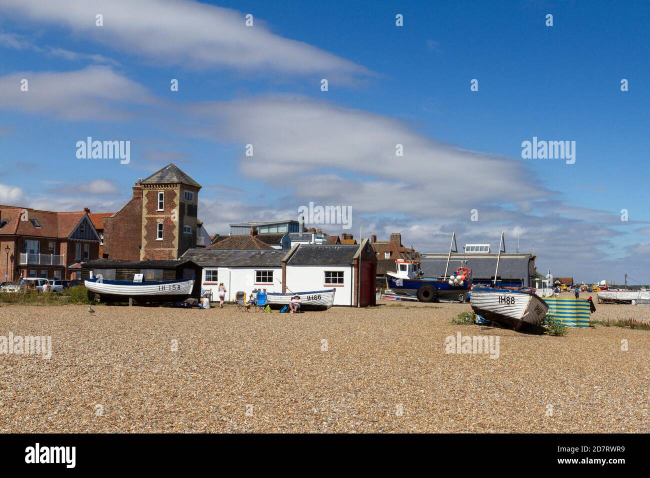 General view of rowing boats sitting on the beach at Aldeburgh ...