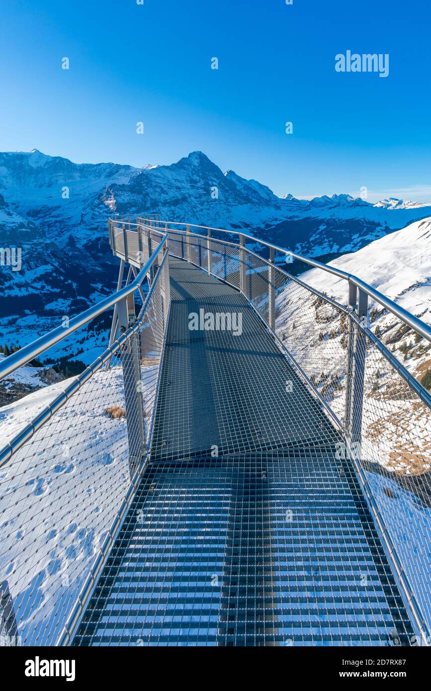Metal bridge of the Cliff Walk on First mountain with spectacular view ...