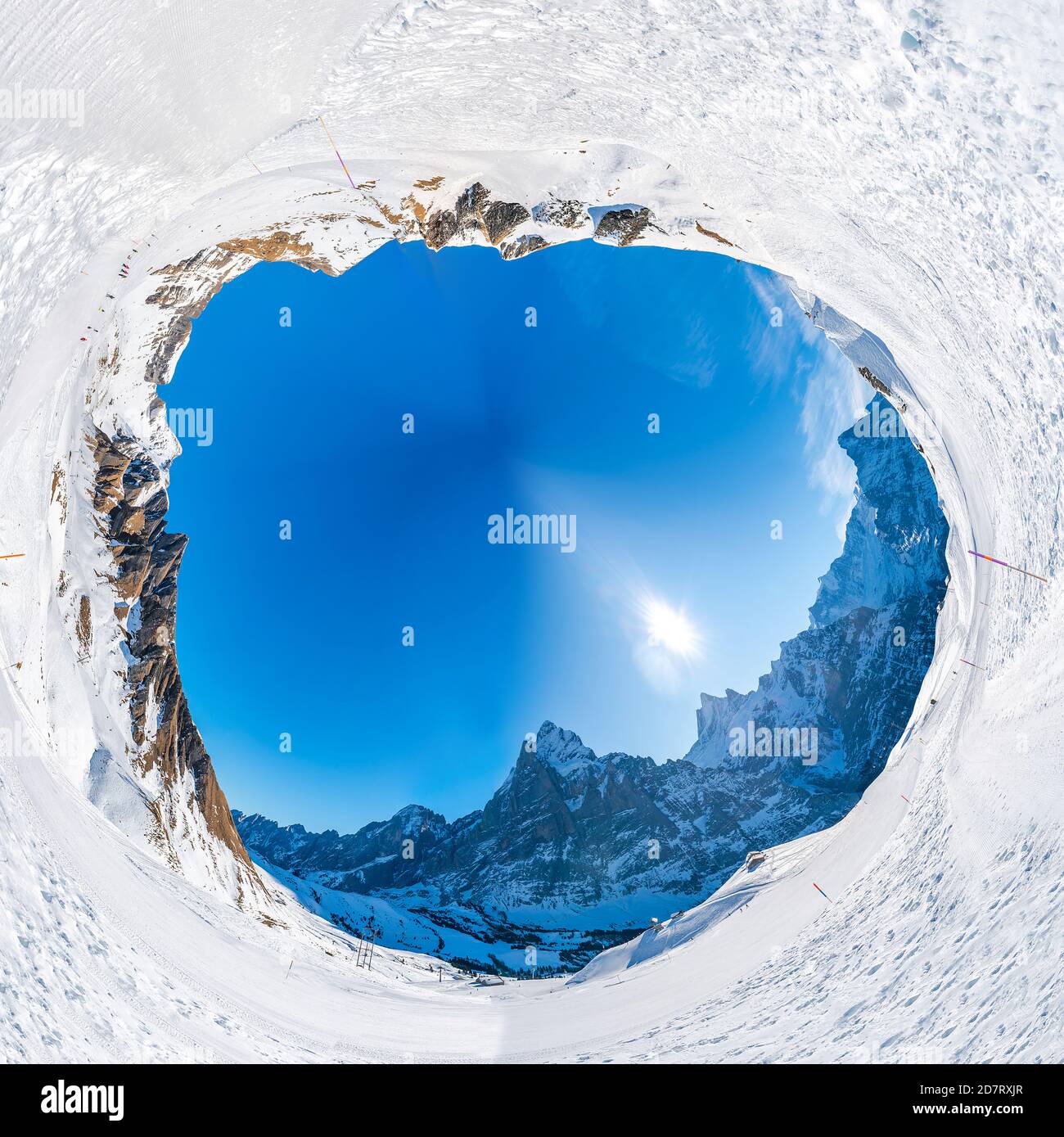 360 degree panoramic view of winter landscape with snow covered peaks ...
