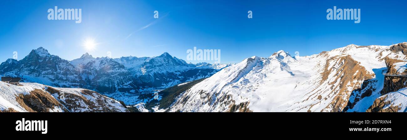 Wide panoramic view of winter landscape in Swiss Alps on the First ...