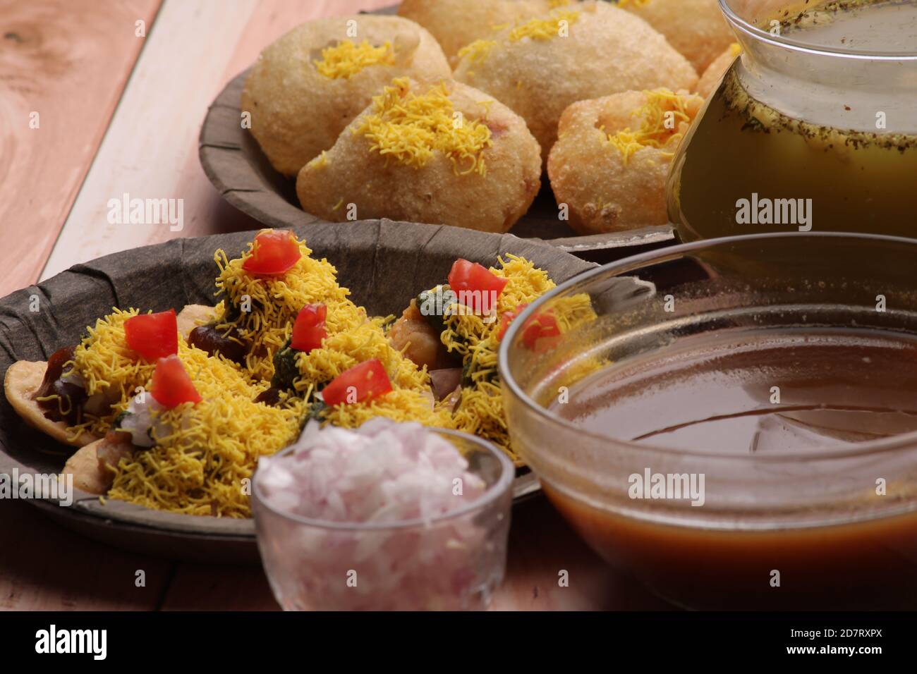 Bombay chat food golgappa/panipuri and sev-poori Stock Photo - Alamy