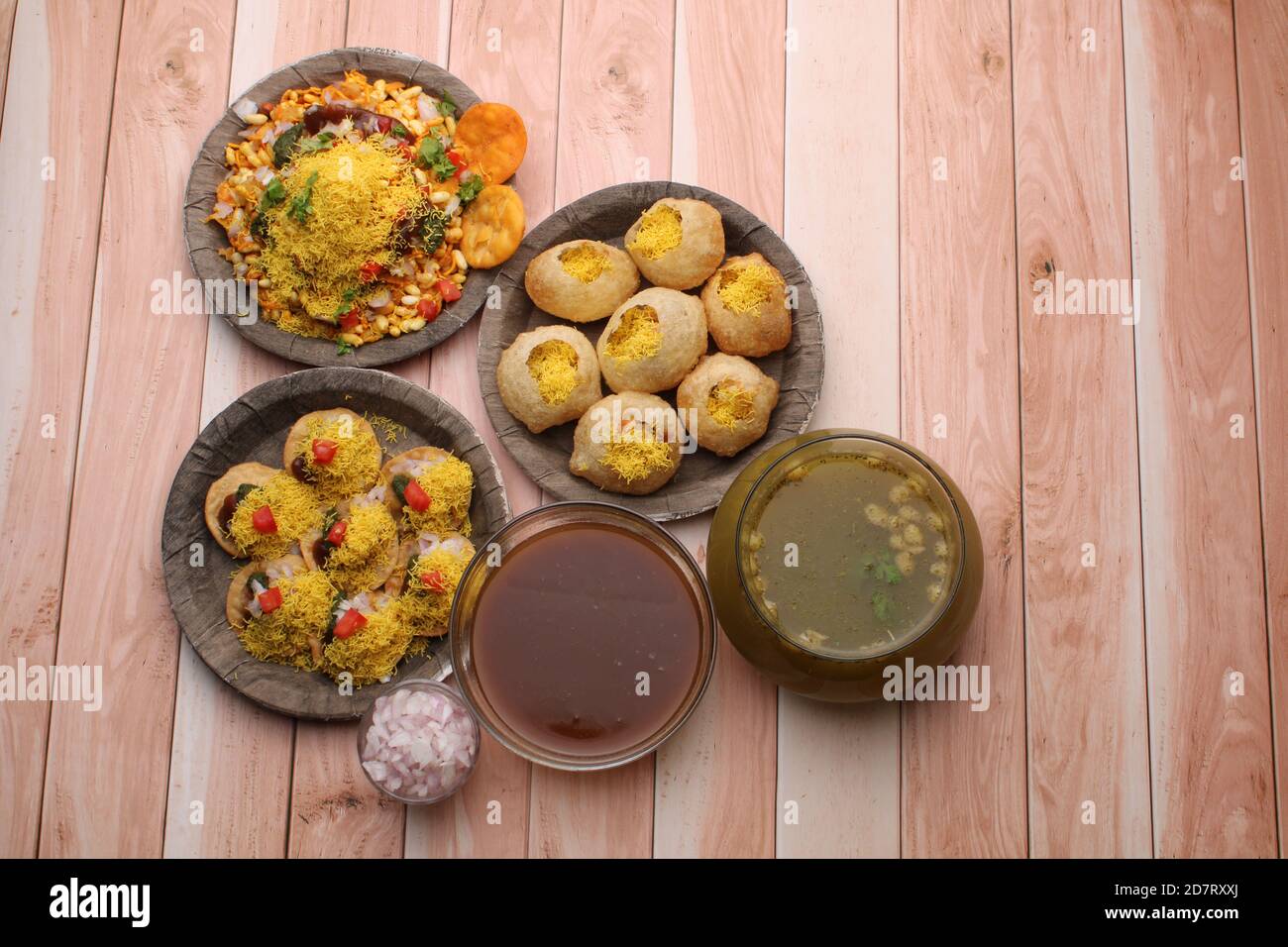 group of Bombay chat food includes golgappa/panipuri, bhel-puri, sev ...