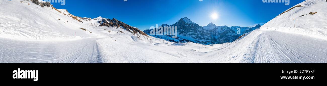 360 degree panoramic winter landscape with snow covered peaks seen from ...