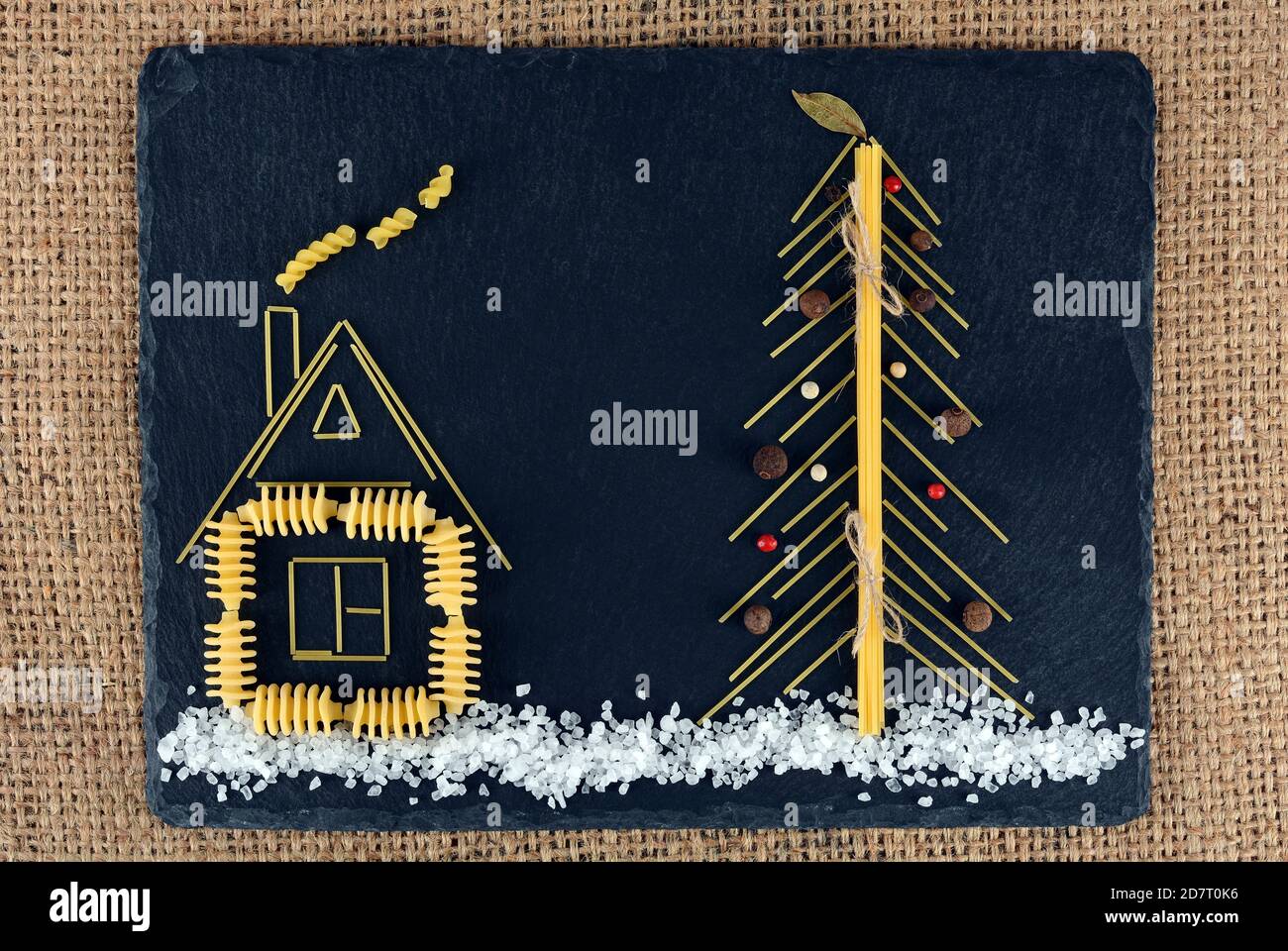 Christmas tree made with italian spaghetti with salt, pepper, on a ...
