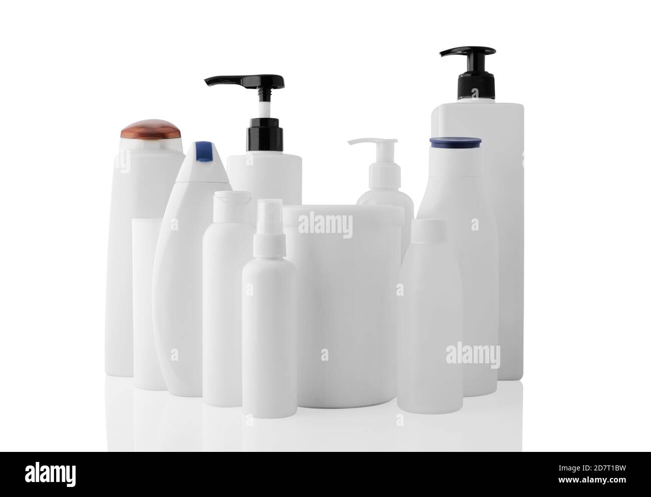 Set of white different plastic bottles and jars isolated on a clean ...