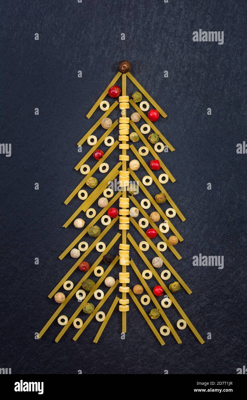 Christmas tree made with italian spaghetti with colorful pepper, on a ...