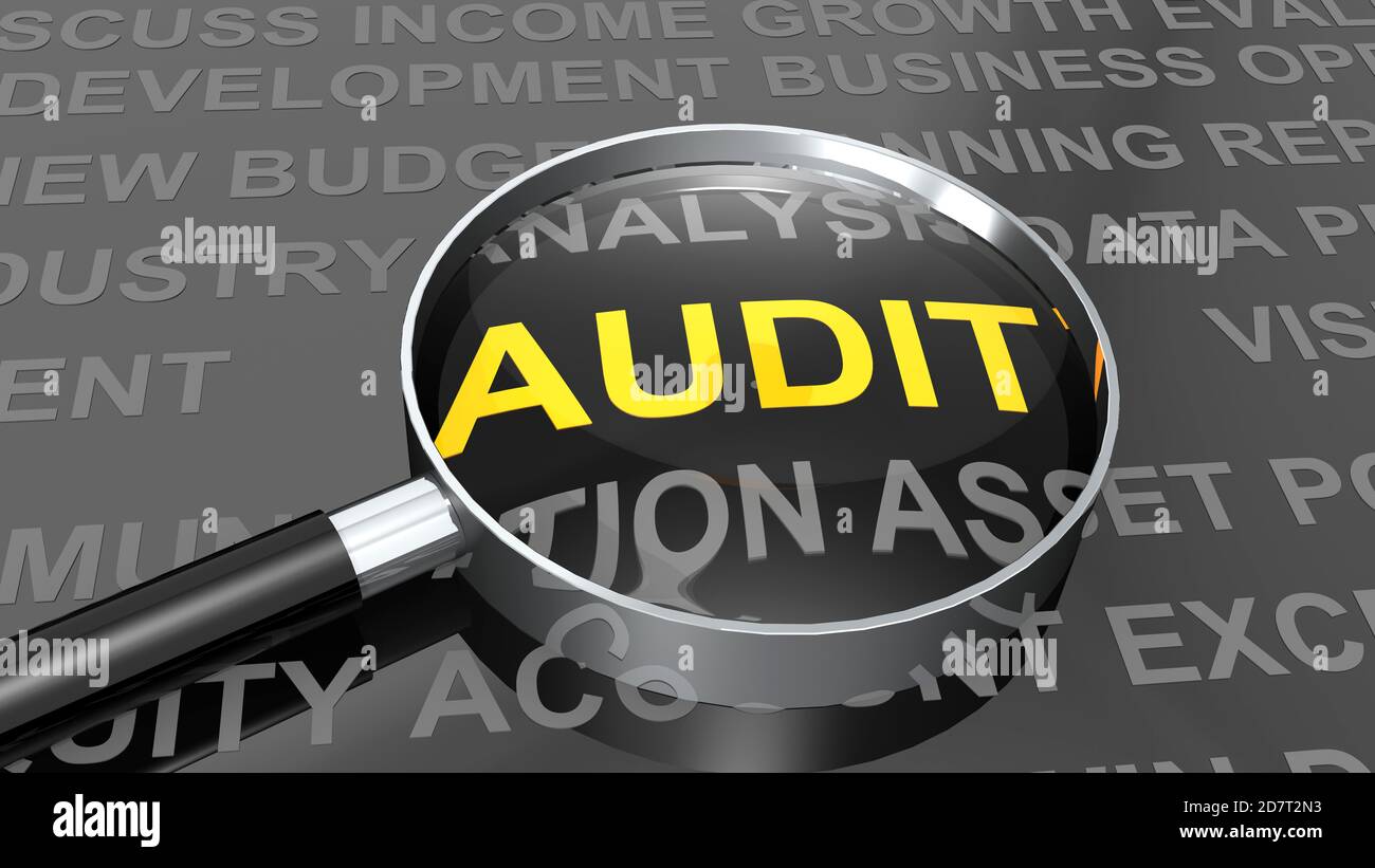 Magnifying glass with audit word, 3d rendering Stock Photo - Alamy