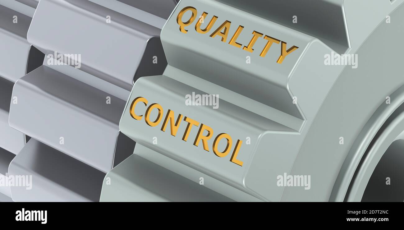 Metal gears with quality control words, 3D rendering Stock Photo - Alamy