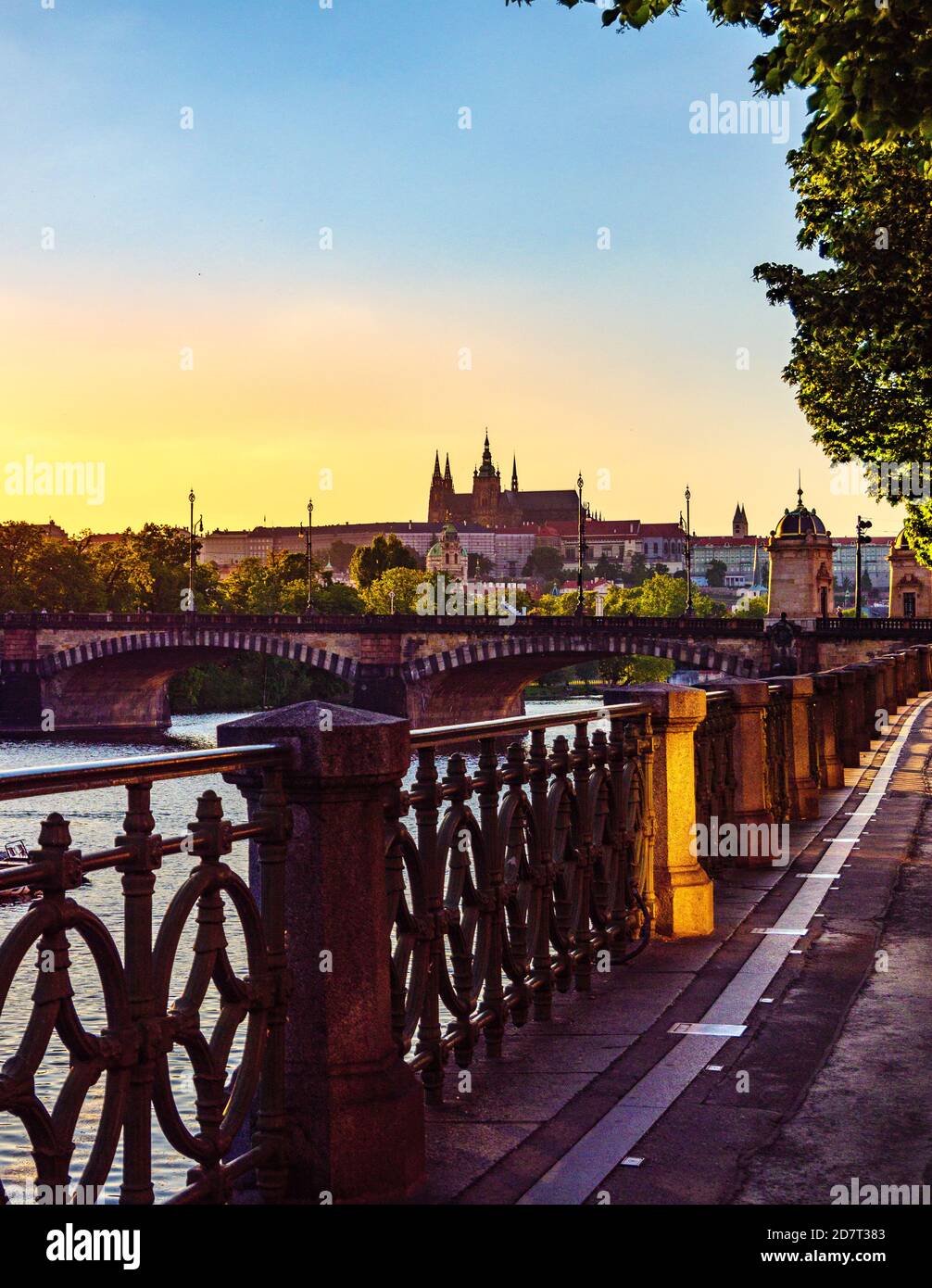 Sunset over Prague Castle as seen from across Vltava river Stock Photo ...