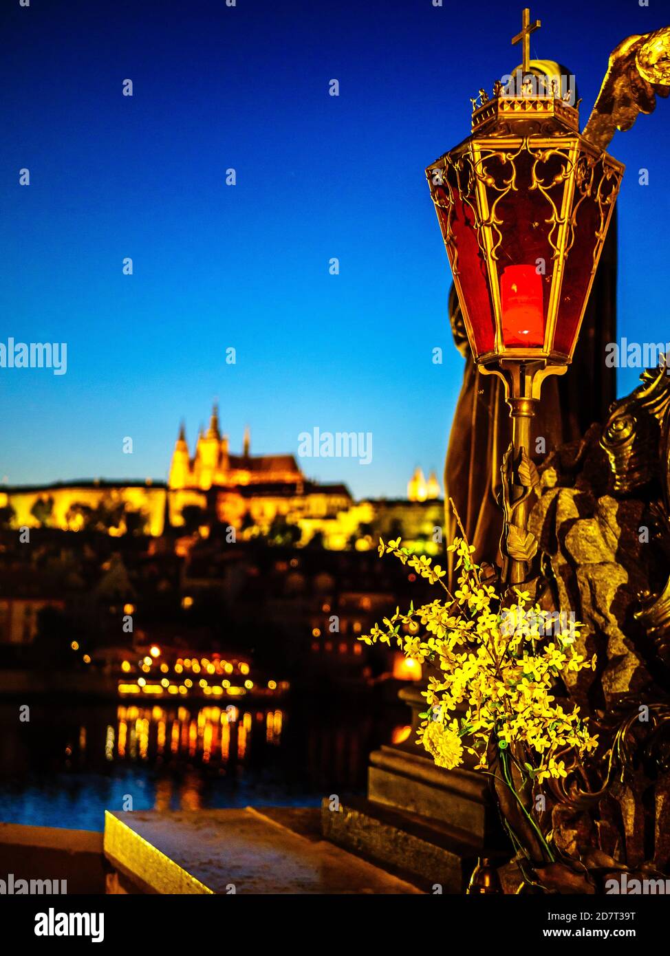 Late sunset and street lamps on the Charles Bridge in Prague Stock ...
