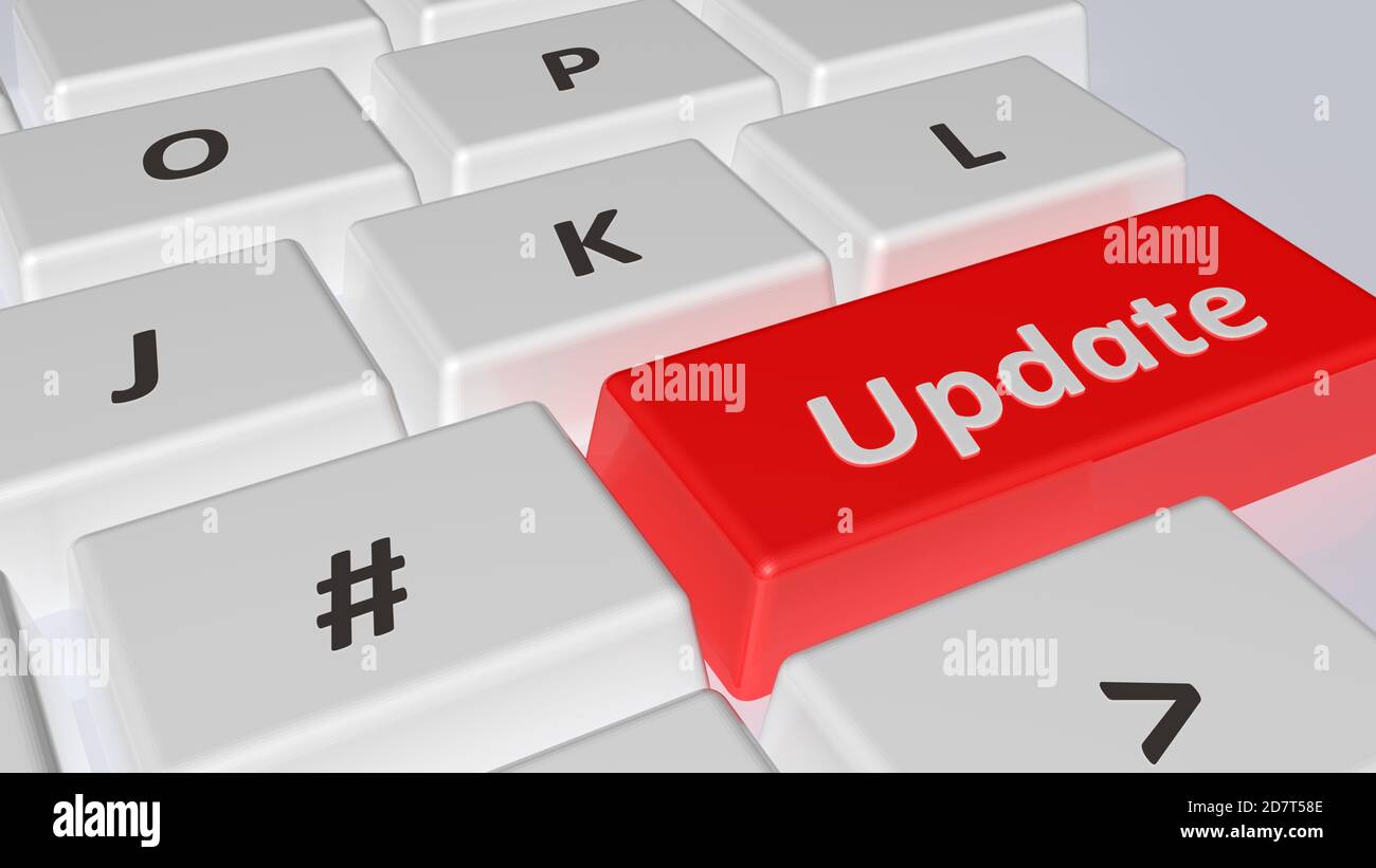 Update red key on a white computer keyboard - 3D rendering illustration ...