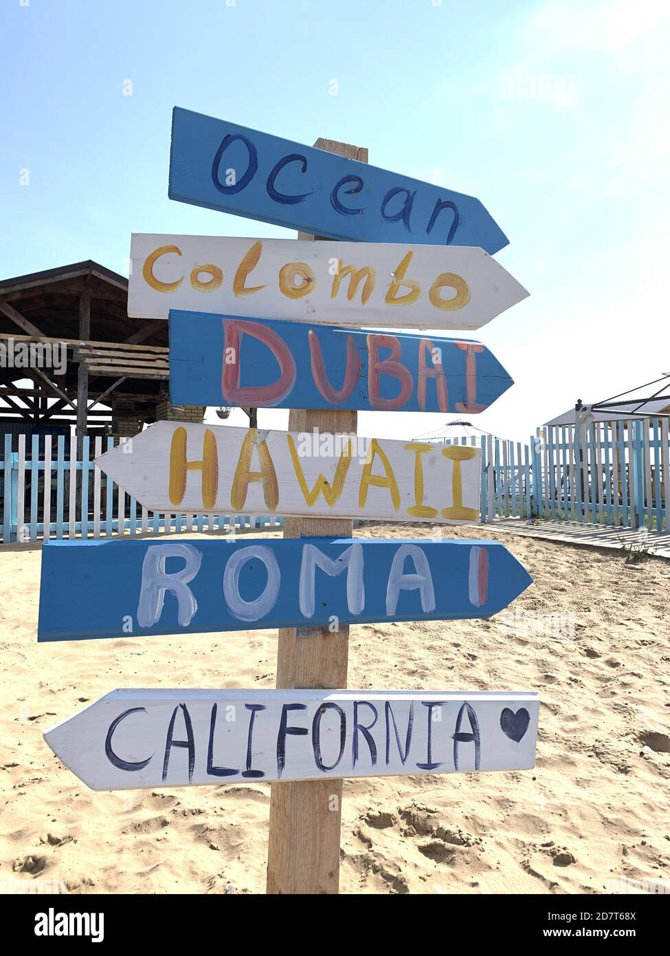 Wooden pointer on the beach. Vertical Stock Photo - Alamy