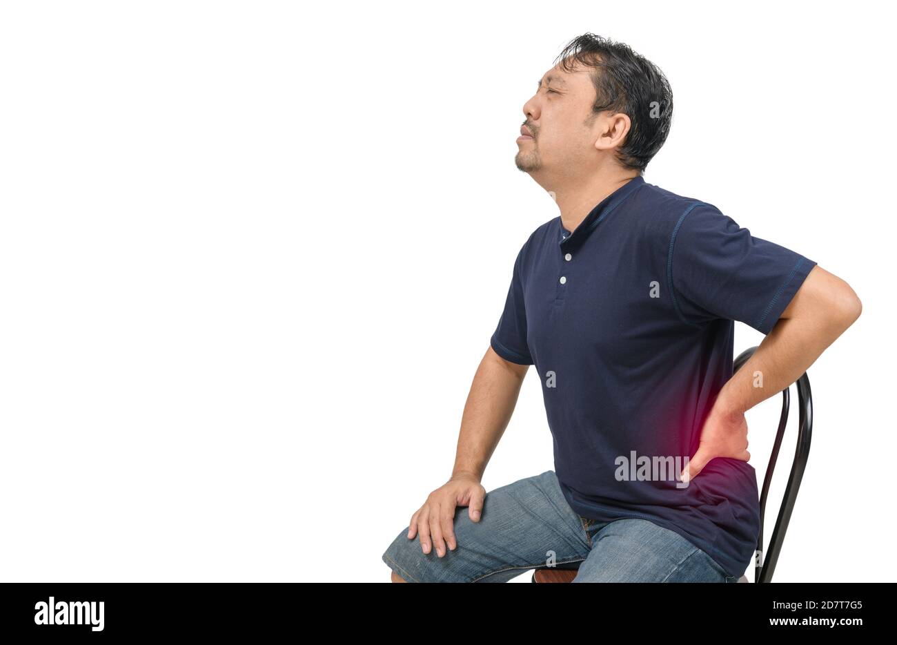 Middle aged man suffering from backache isolated on white background ...