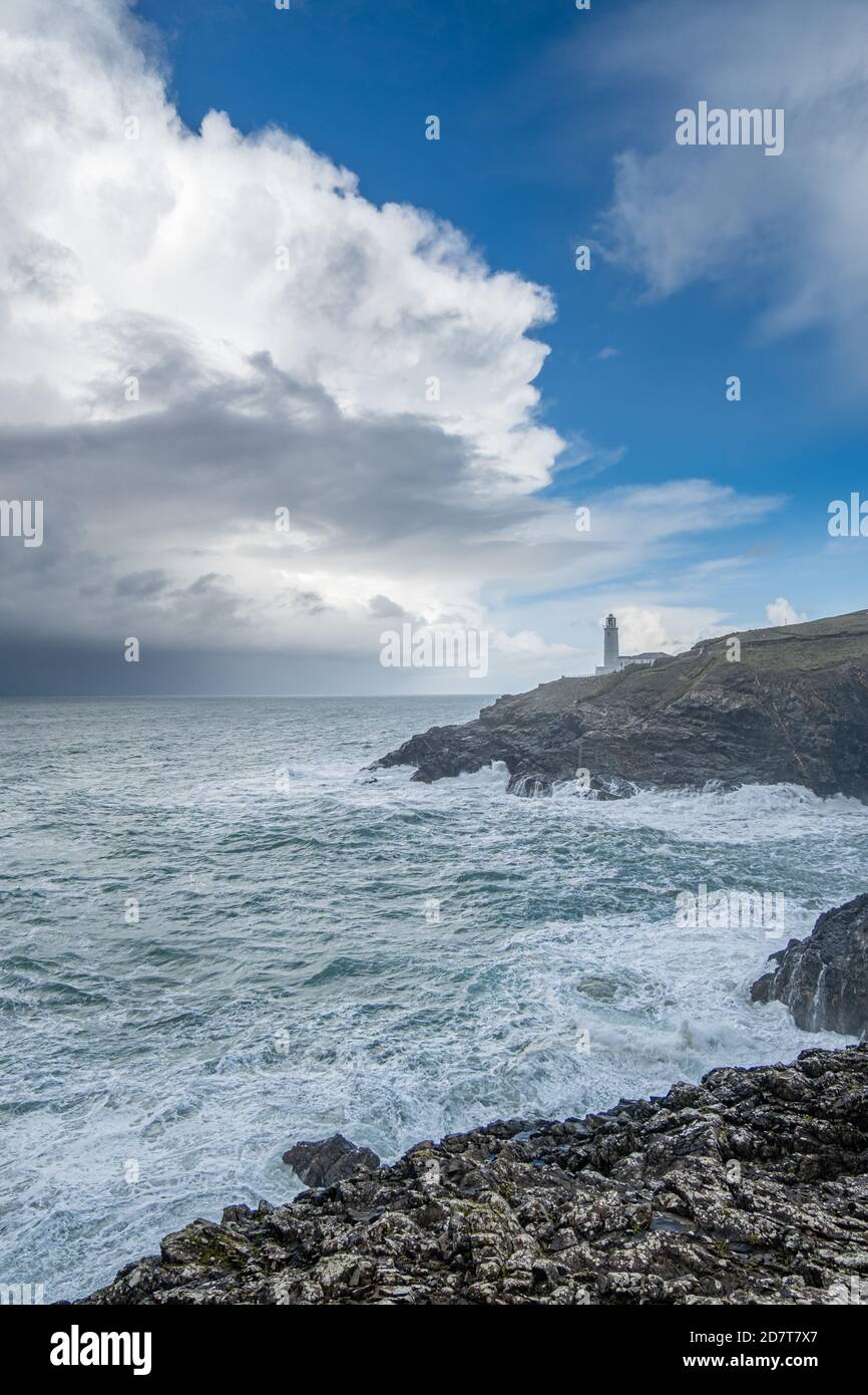 Portrait view of Trevose Head at Cornwall with the lighthouse in the ...
