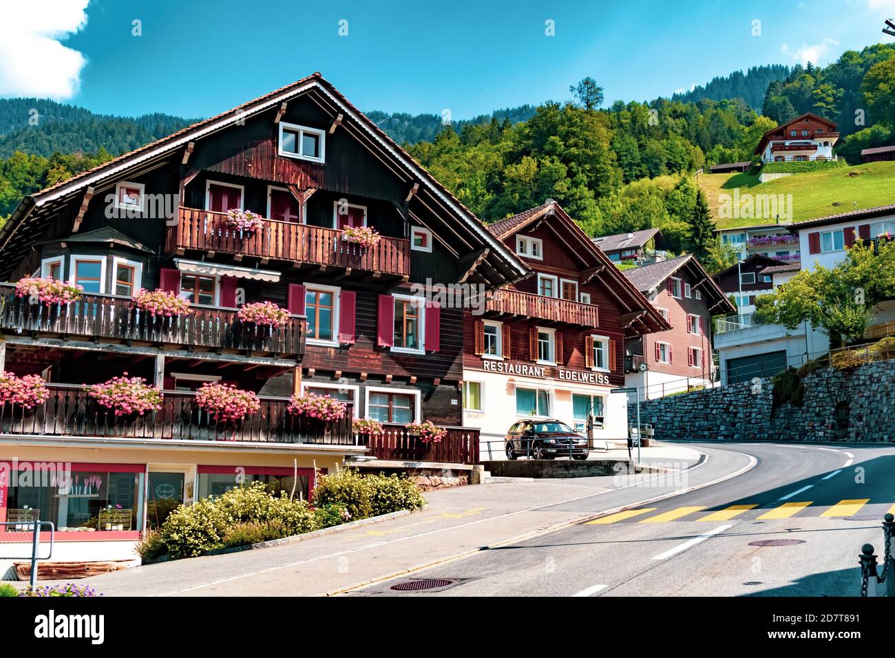 Triesenberg, Liechtenstein, 20th August 2018:- A view of Triesenberg in ...