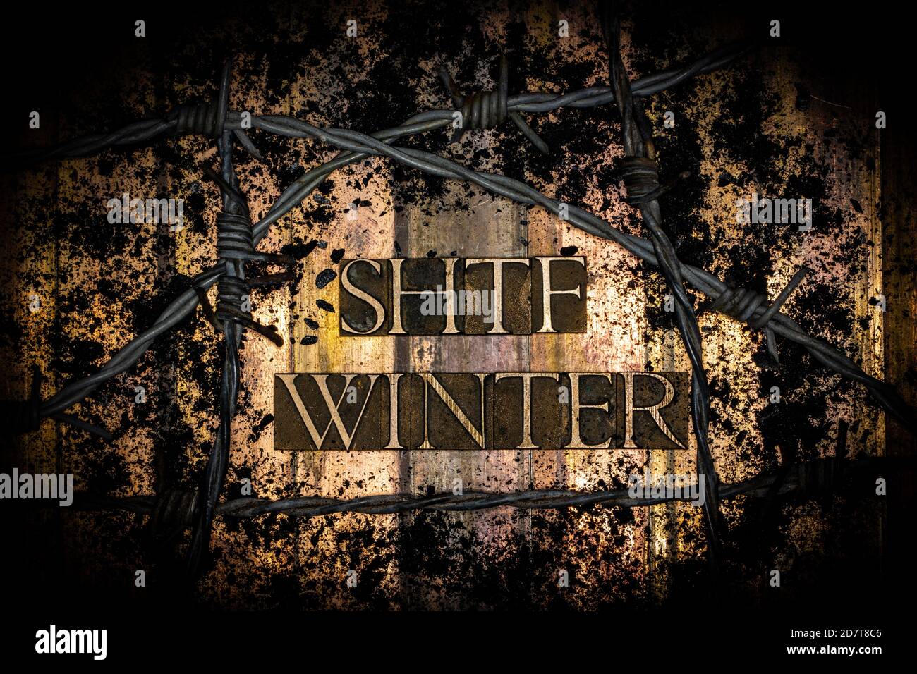 SHTF Winter text on vintage textured grunge copper and gold background ...