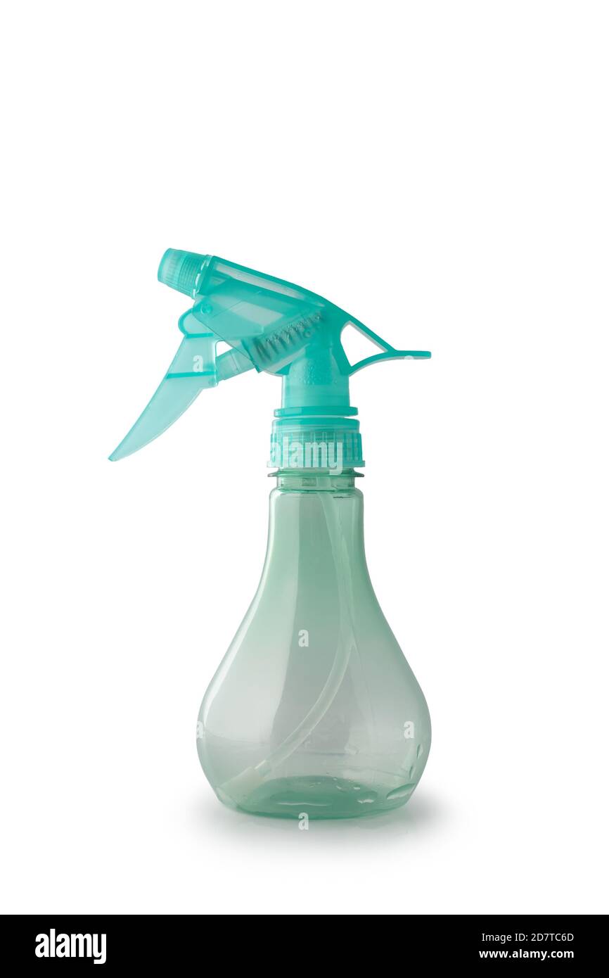 Transparent plastic spray bottle isolated on white background. The ...