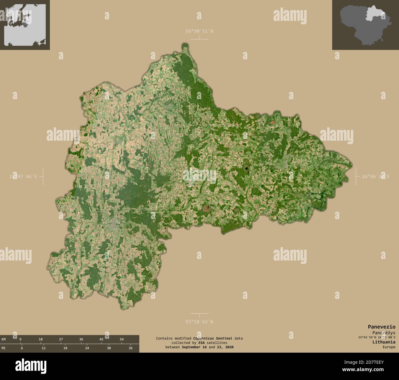 Panevezio, county of Lithuania. Sentinel-2 satellite imagery. Shape ...