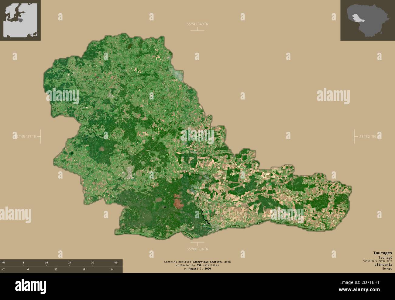 Taurages, county of Lithuania. Sentinel-2 satellite imagery. Shape ...
