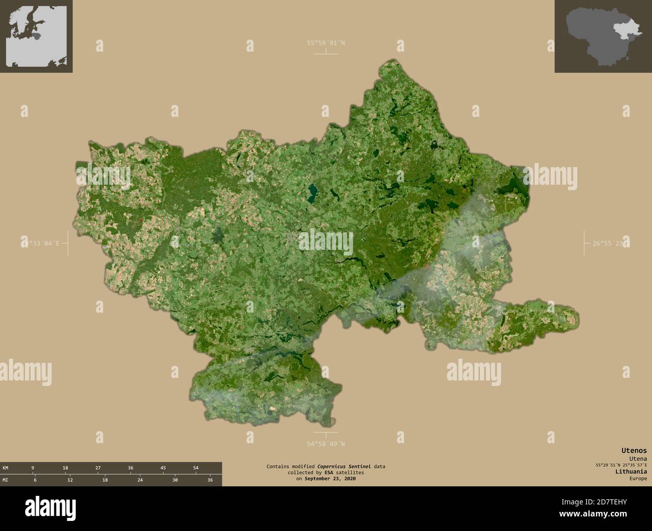 Utenos, county of Lithuania. Sentinel-2 satellite imagery. Shape ...