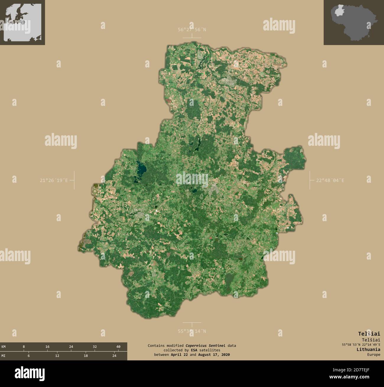 Telsiai, county of Lithuania. Sentinel-2 satellite imagery. Shape ...