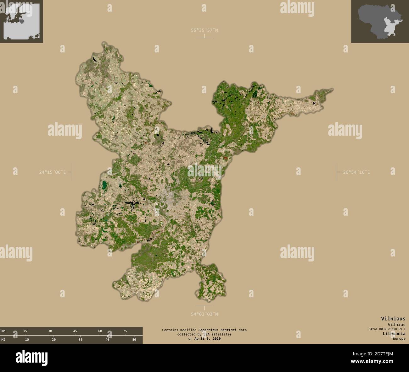 Vilniaus, county of Lithuania. Sentinel-2 satellite imagery. Shape ...