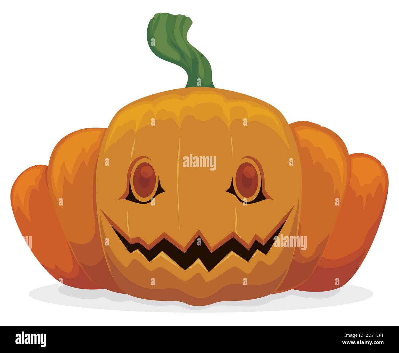 Pumpkin in cartoon style with stem and carved with spooky smile ...
