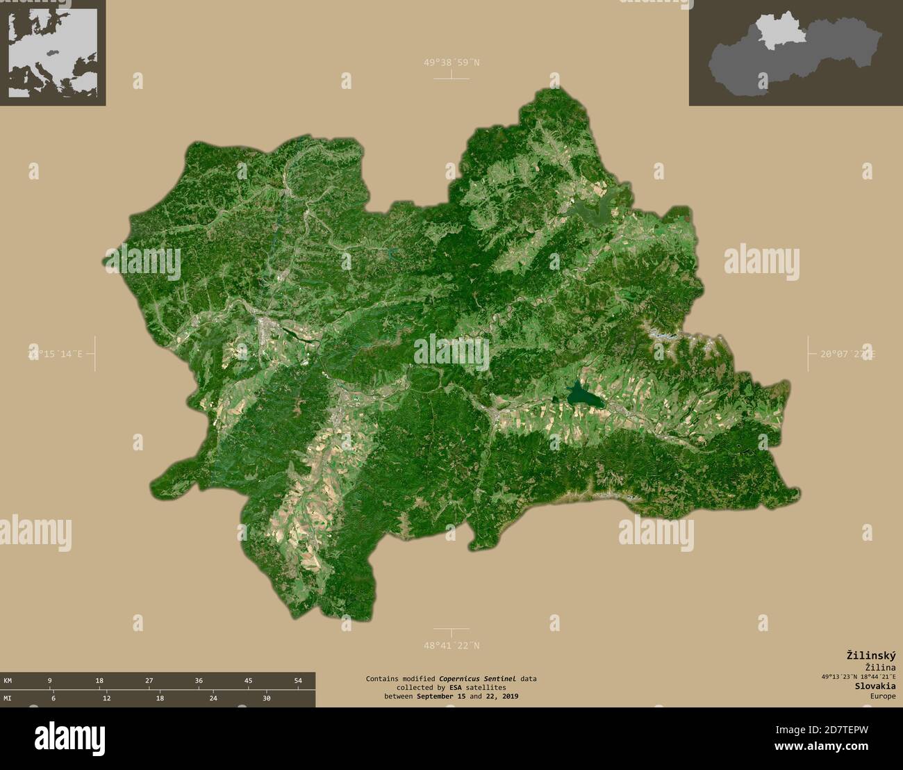Zilinsky, region of Slovakia. Sentinel-2 satellite imagery. Shape ...