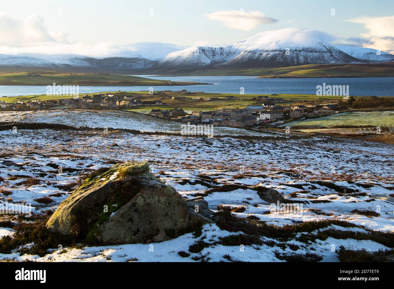 View from the hill above scottish town Stromness in winter. Hills of ...
