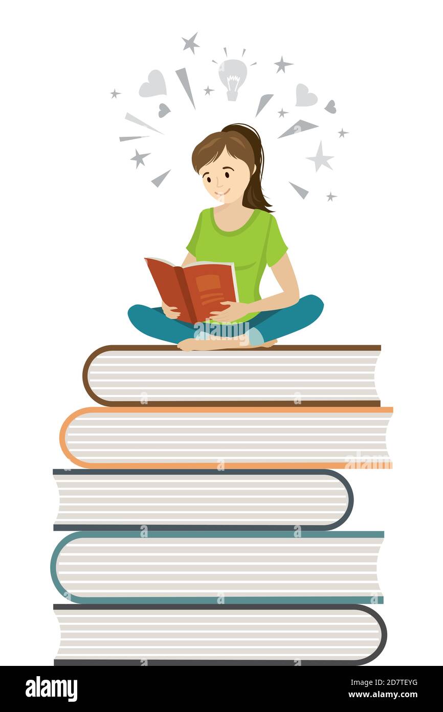 Cartoon girl teen sitting on books and read book,learning proces Stock ...