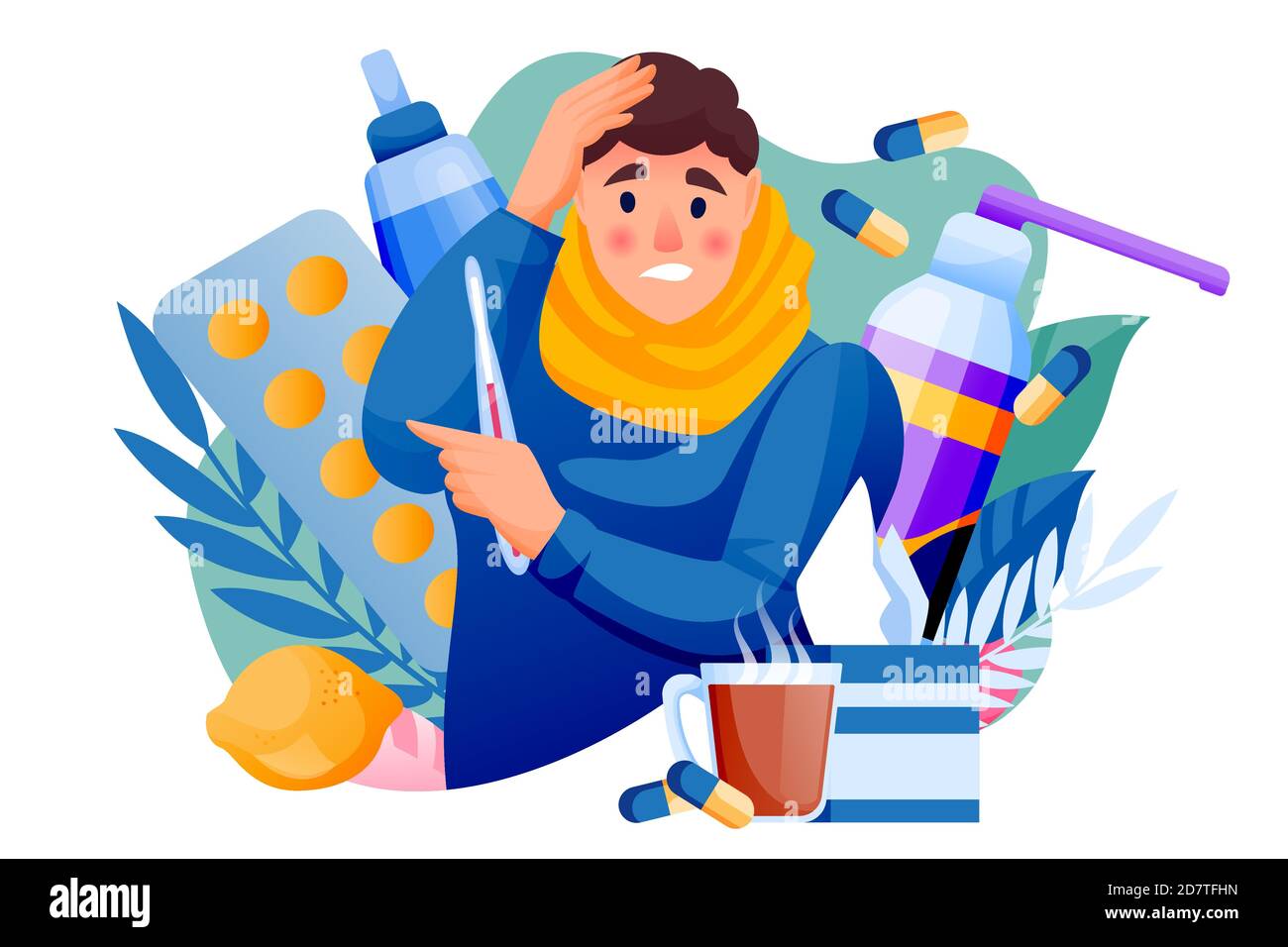 Flu sick young man with pills and medicines. Male treats seasonal cold ...