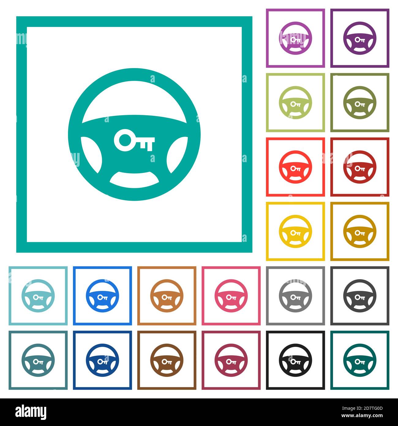 Steering lock flat color icons with quadrant frames on white background ...
